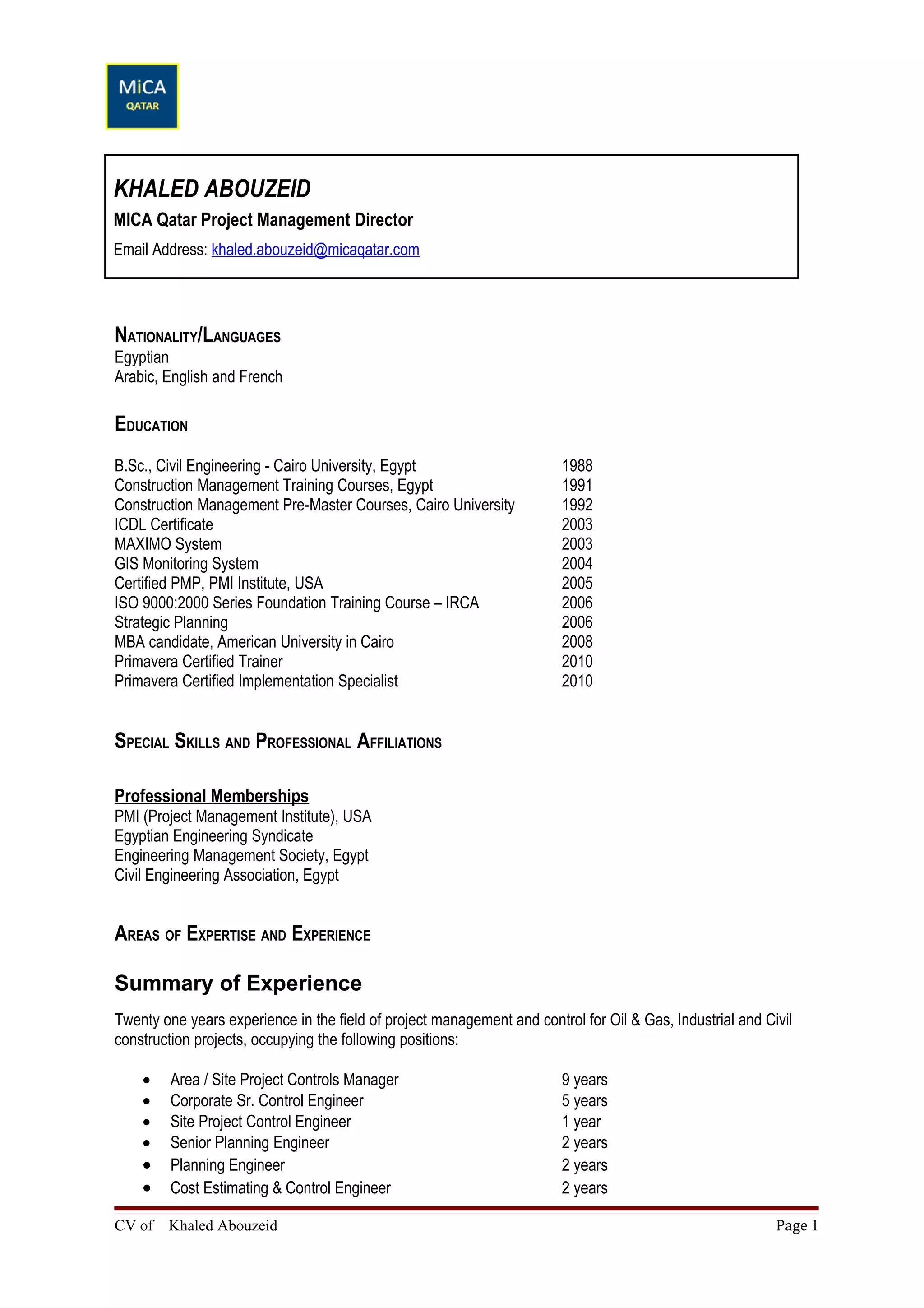 Eng. Khaled Abouzeid cv | PDF