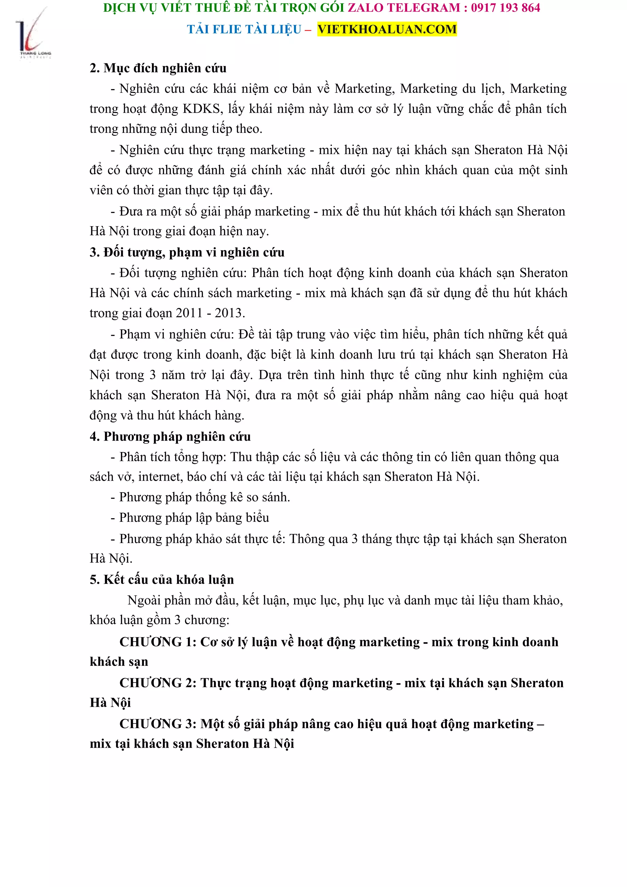 Khóa Luận Giải Pháp Nâng Cao Hiệu Quả Hoạt Động Marketing - Mix Tại Khách Sạn. | DOC