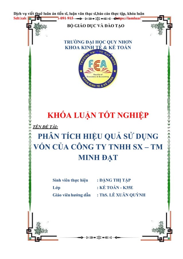 Đề Tài Khóa luận 2024 Phân tích hiệu quả sử dụng vốn của Công ty TNHH SX – TM Minh Đạt.docx