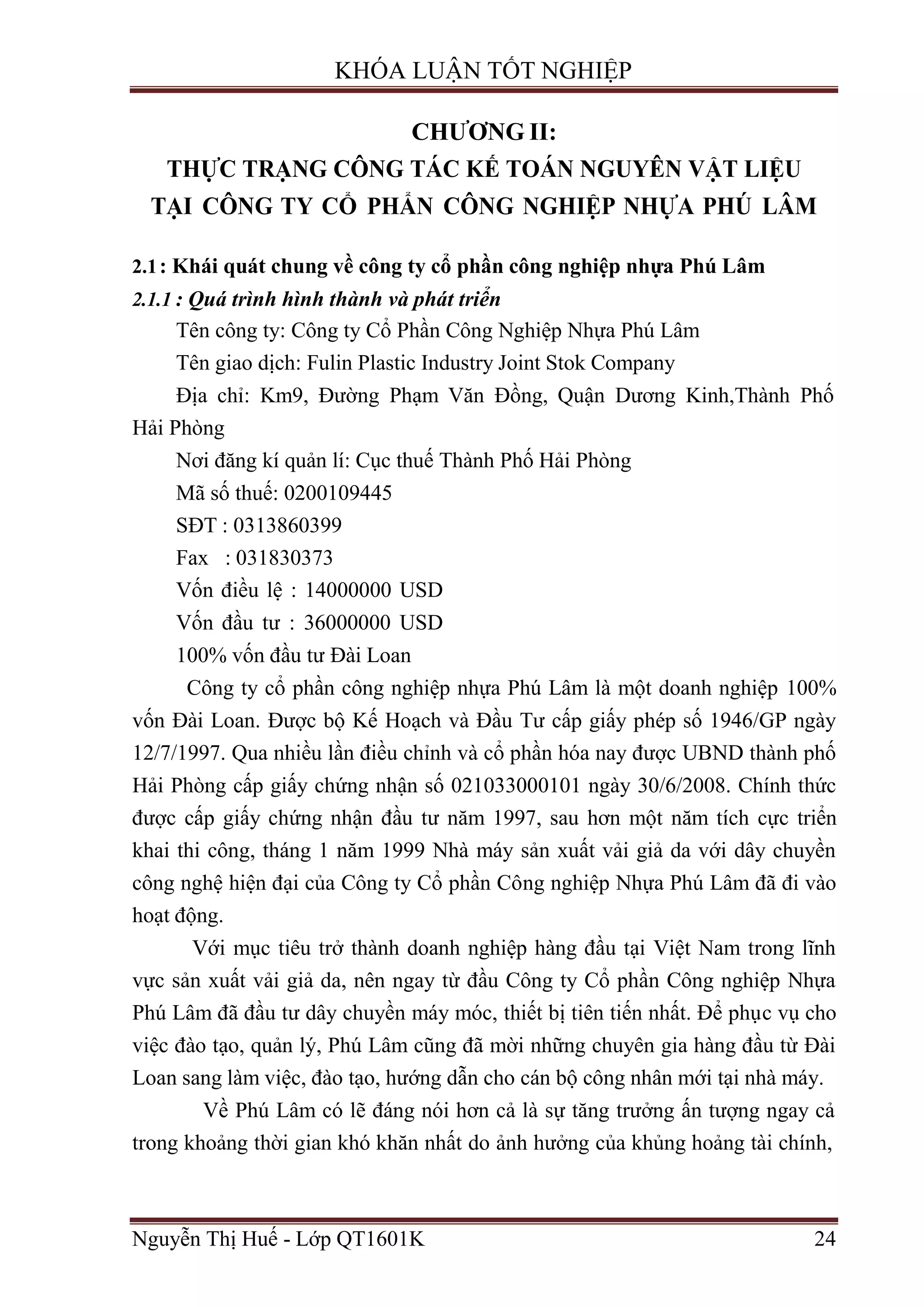 Khóa Luận Tốt Nghiệp Kế Toán Nguyên Vật Liệu Tại Công Ty Nhựa Phú Lâm | DOCX