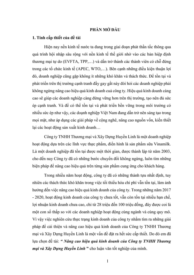 Khóa luận tốt nghiệp Nâng cao hiệu quả hoạt động kinh doanh của Công ty TNHH Thương mại và Xây ...