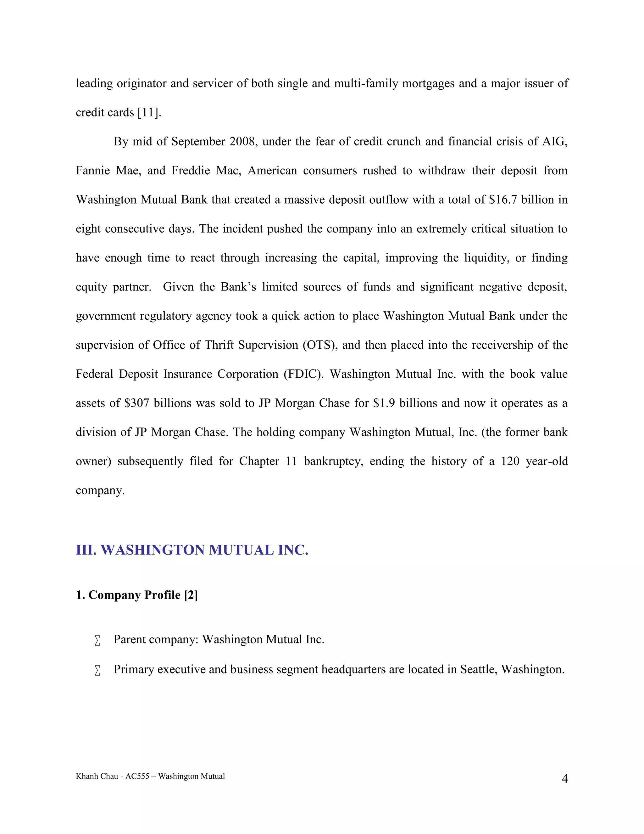 Washington Mutual Bank's Collapse Under An Audit Perspective | PDF