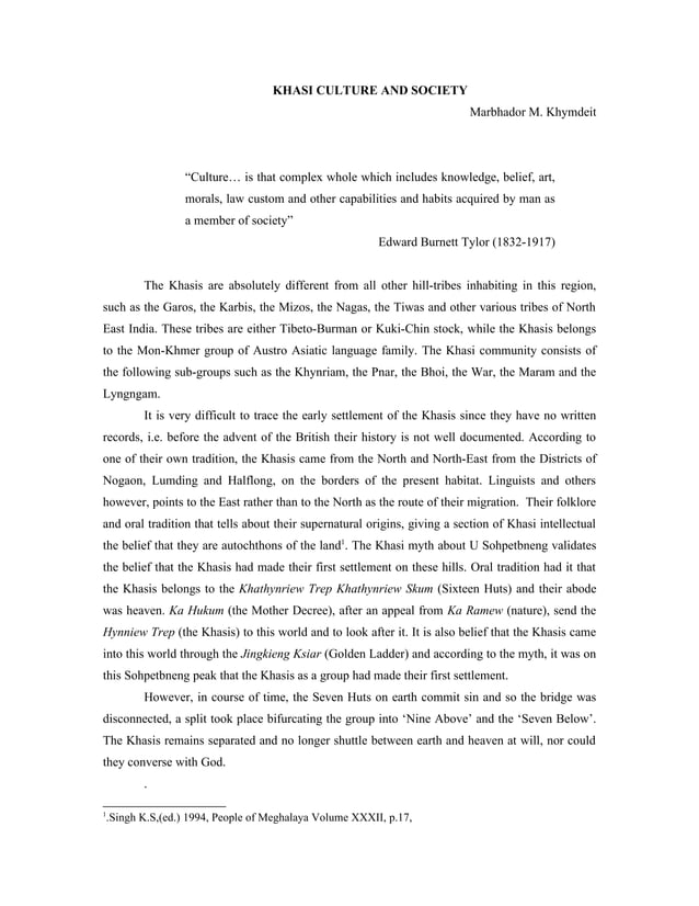 Khasi Culture and Society | DOC | Genealogy and Ancestry | Hobbies ...
