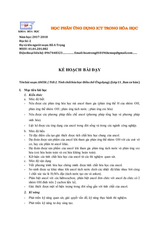 Kế hoạch bài dạy: Ancol (Tiết 2: TCHH-Điều chế-Ứng dụng) | DOCX