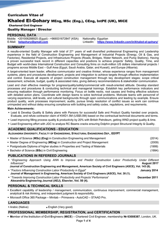 KHALED CV | PDF | Civil Engineering Industry | Industries