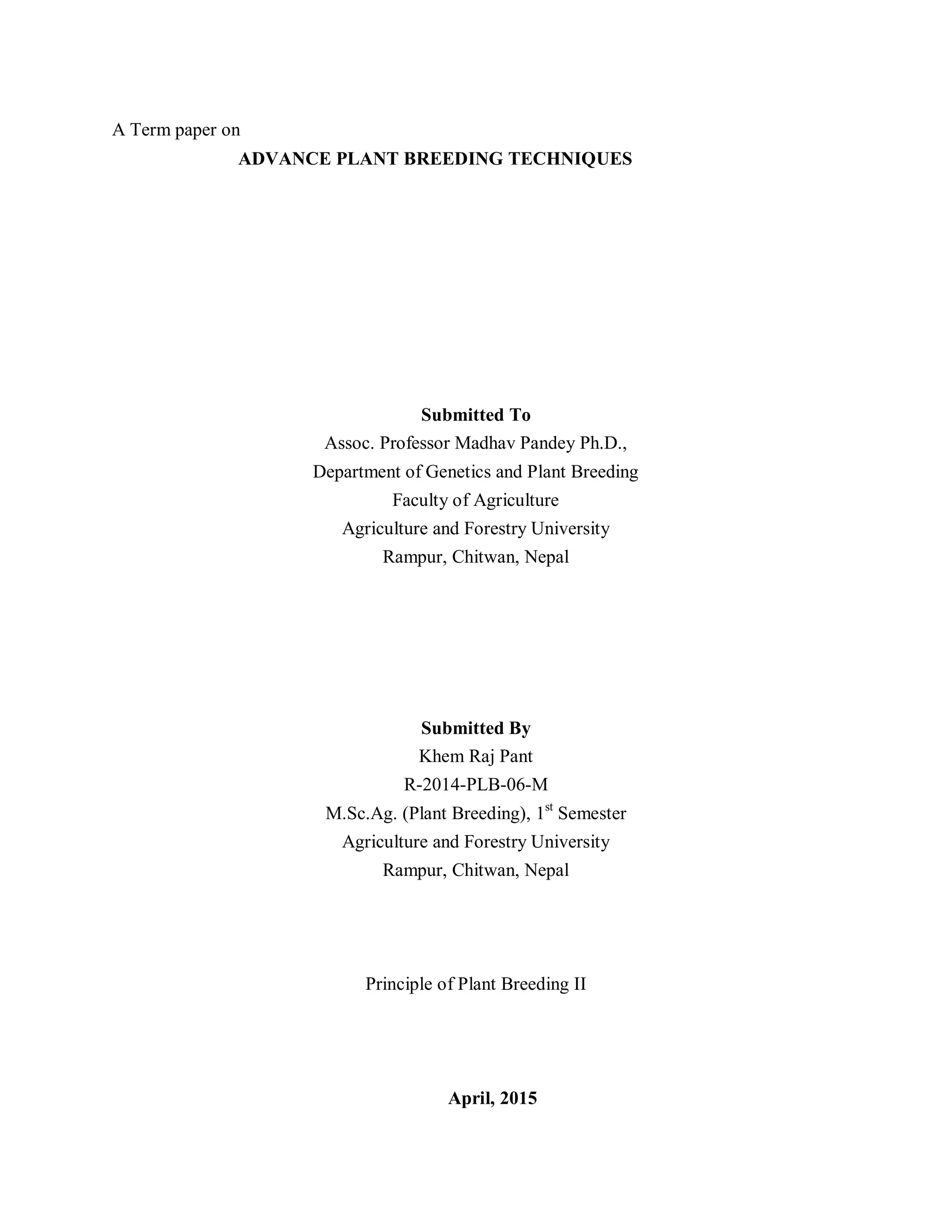 Advance Plant Breeding Techniques | PDF