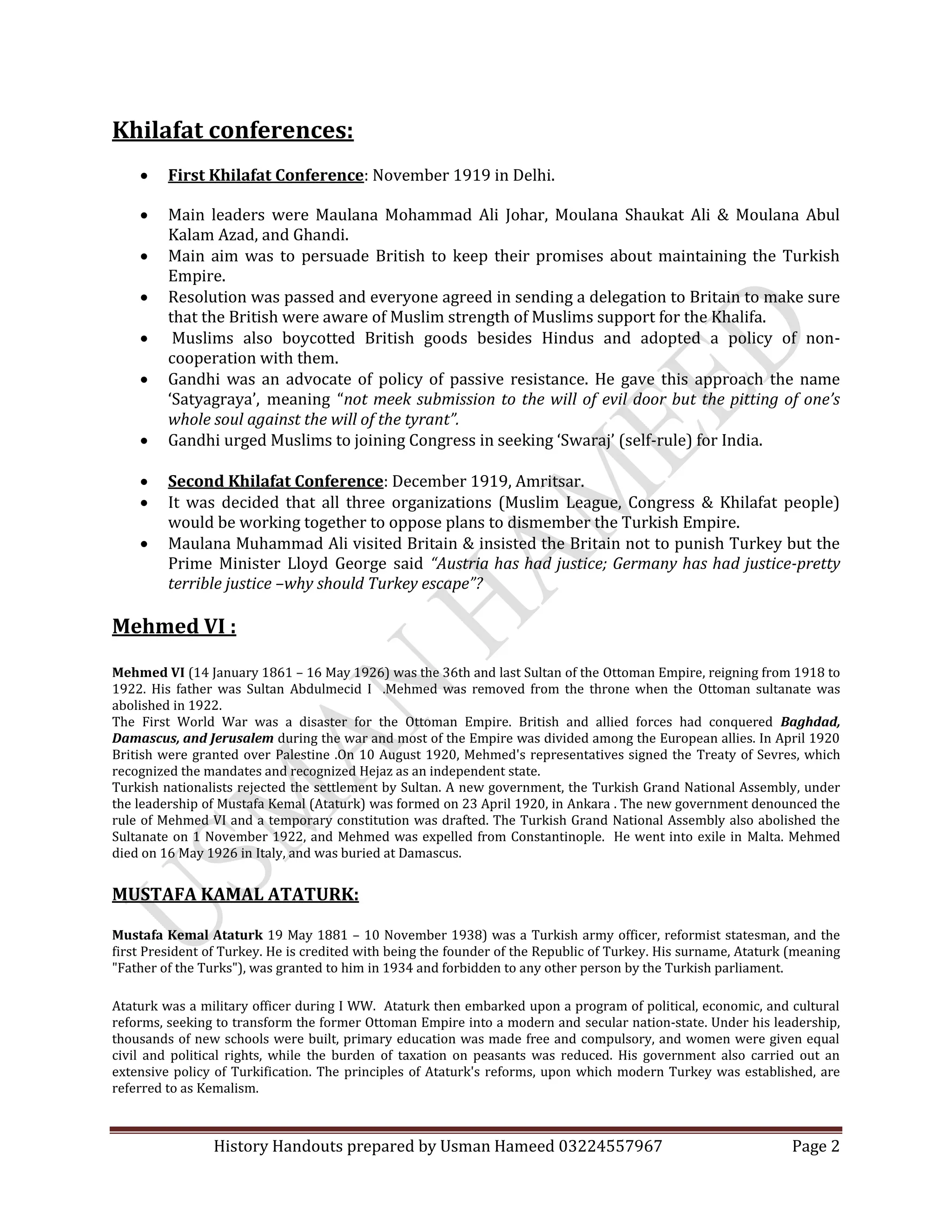 khilafat movement for olevels students of pakistan | PDF