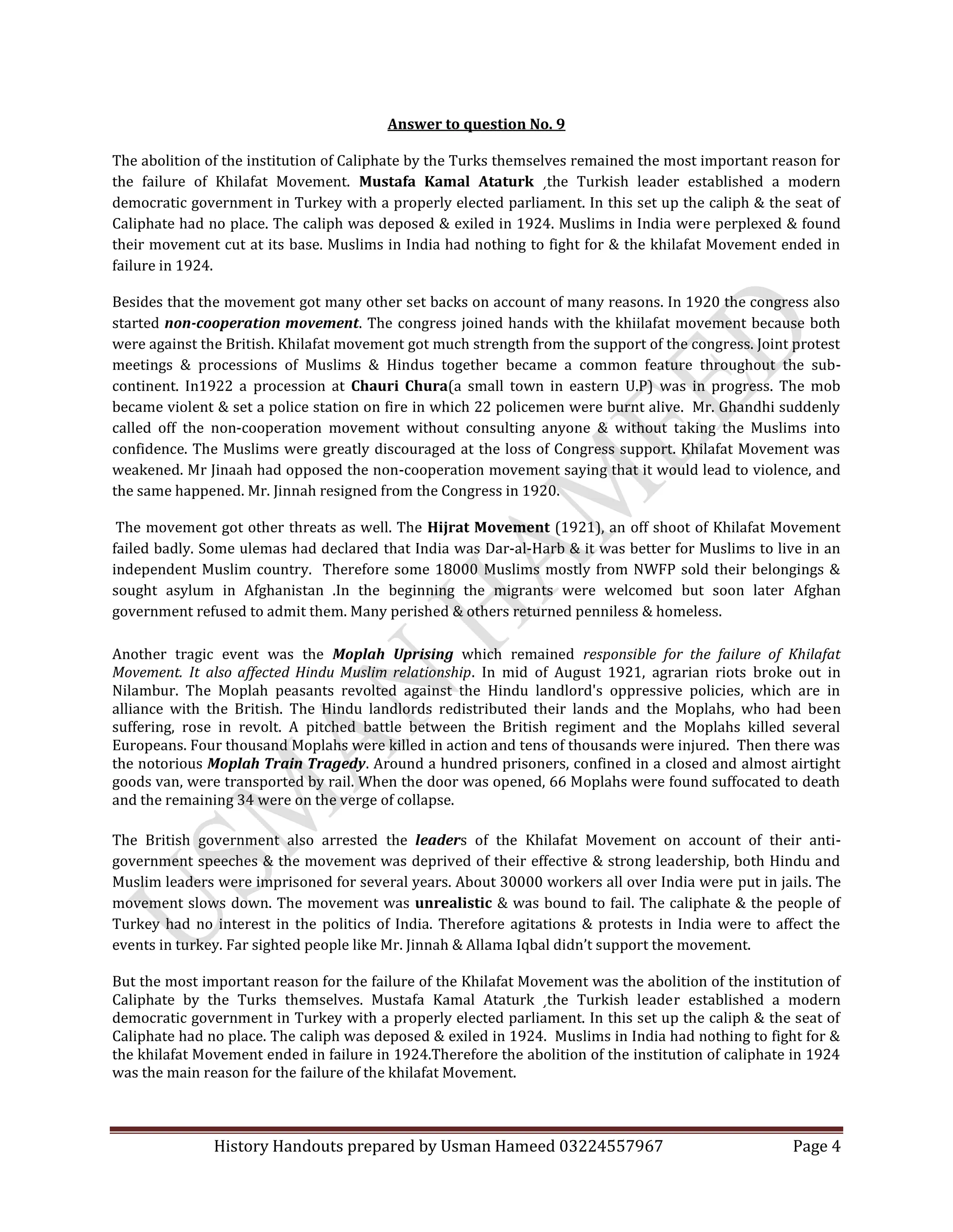 khilafat movement for olevels students of pakistan | PDF