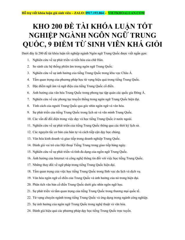 Kho 200 Đề Tài Khóa Luận Tốt Nghiệp Ngôn Ngữ Trung Quốc, 9 Điểm Từ Sinh Viên Khá Giỏi | DOCX