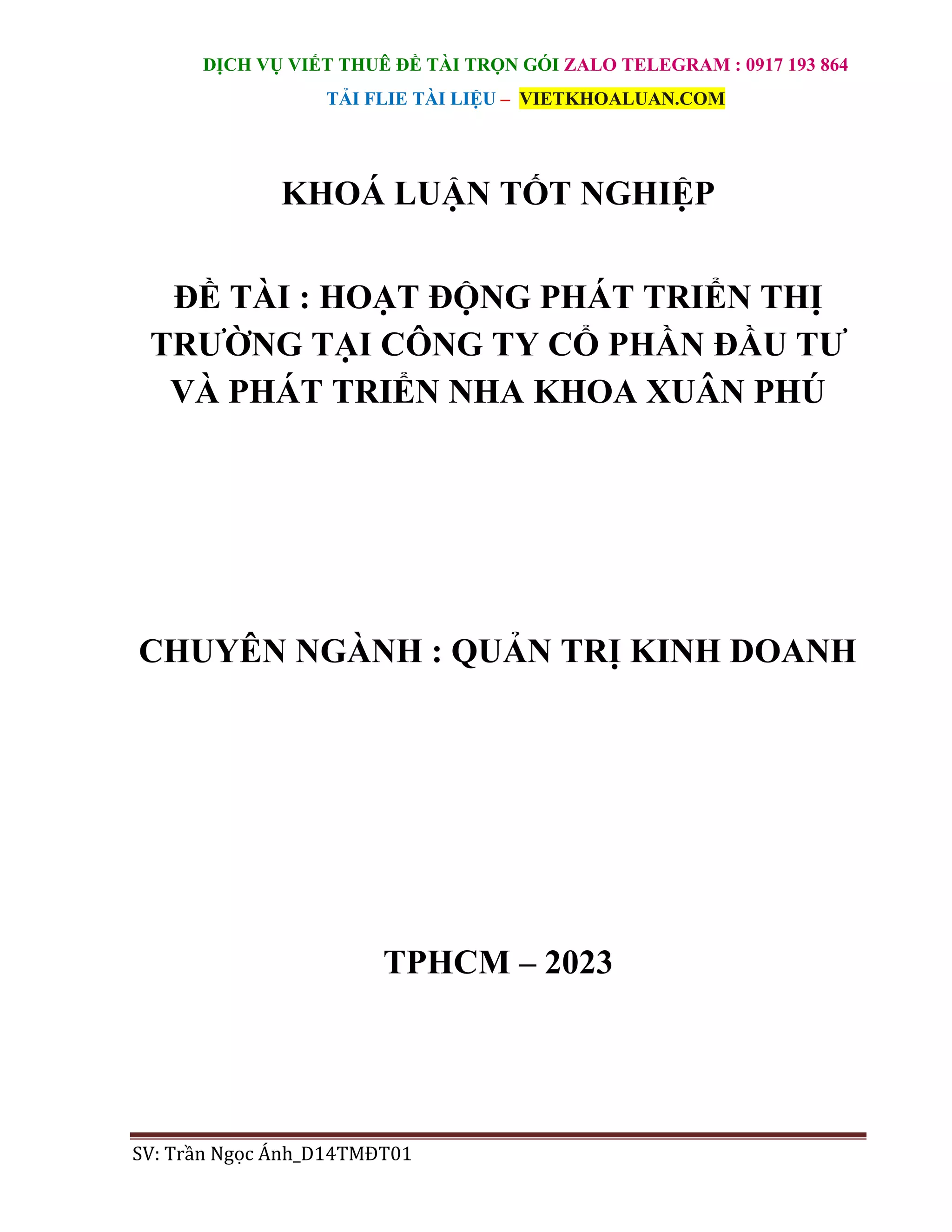 Khoá Luận Hoạt Động Phát Triển Thị Trường Tại Công Ty Nha Khoa | DOCX