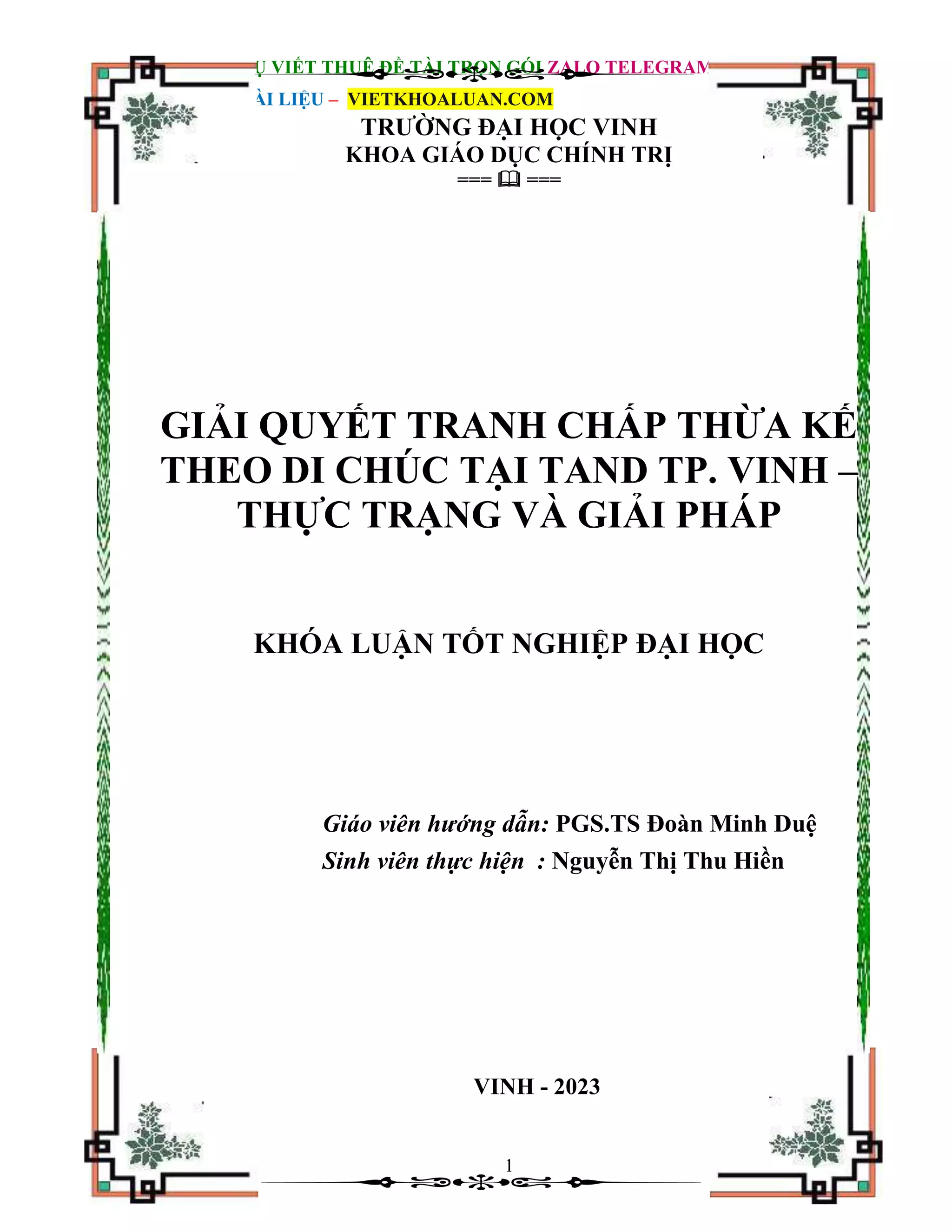 Khoá Luận Tốt Nghiệp Giải Quyết Tranh Chấp Thừa Kế Theo Di Chúc | DOC