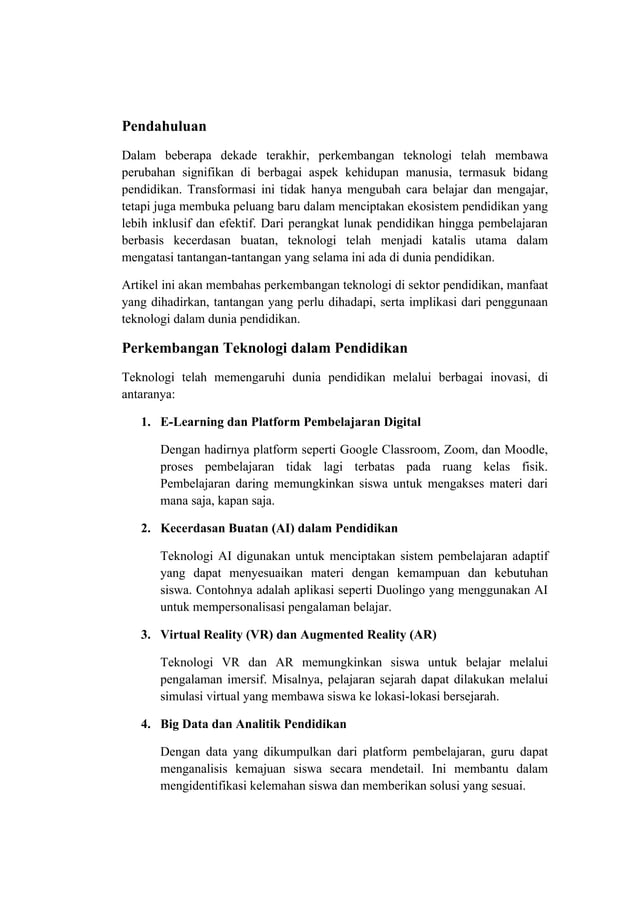 Perkembangan Teknologi dan Implikasinya terhadap Pendidikan | DOCX