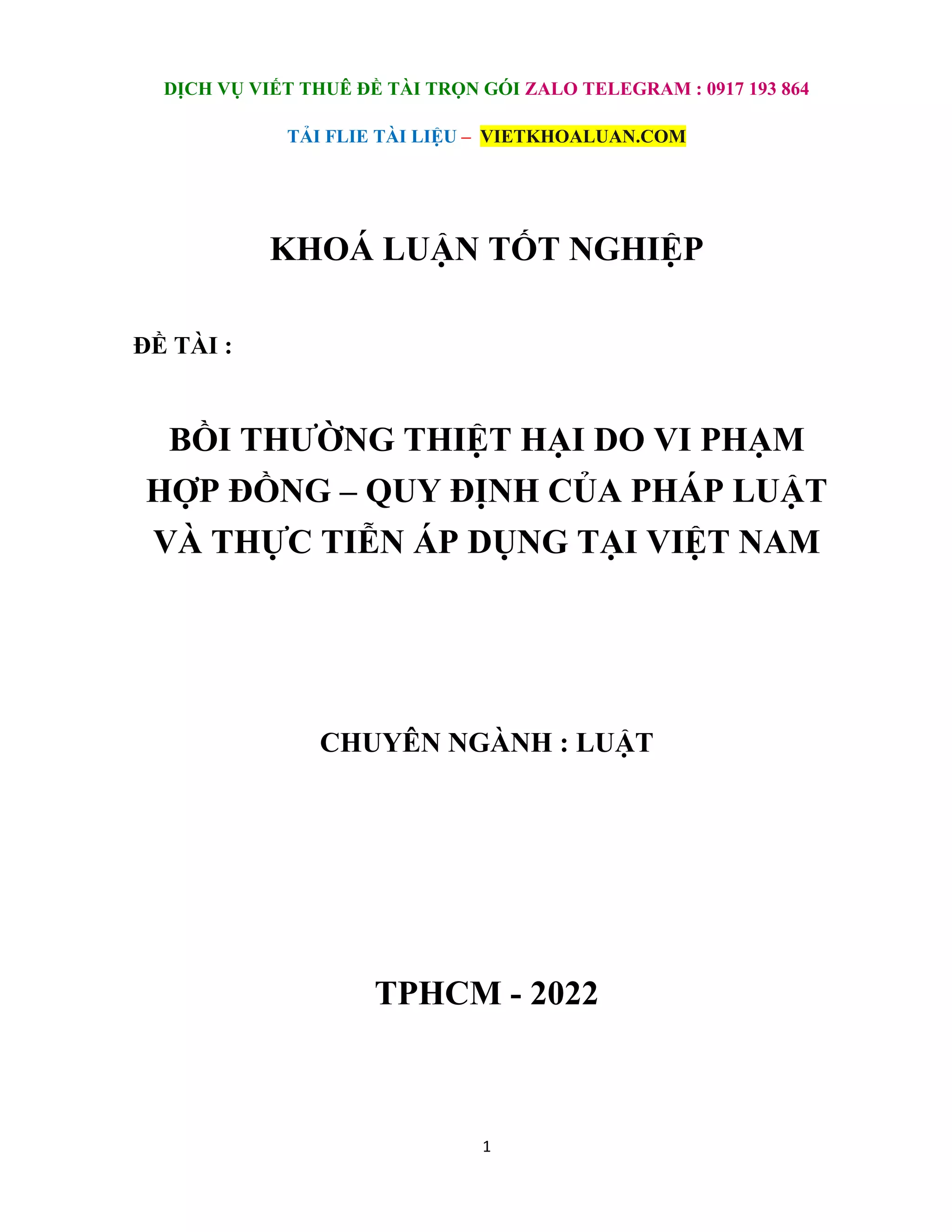 Khoá Luận Bồi Thường Thiệt Hại Do Vi Phạm Hợp Đồng Quy Định Pháp Luật. | DOCX