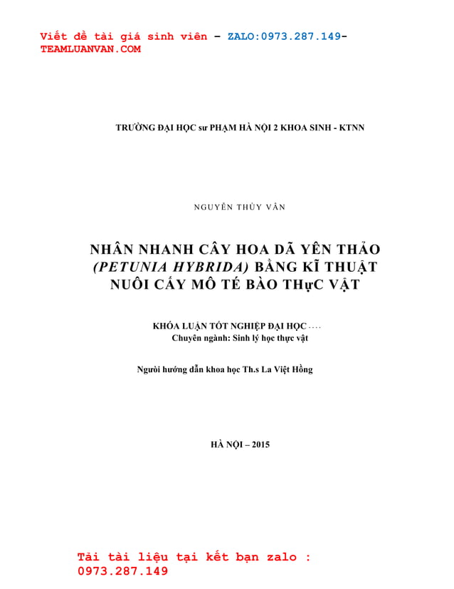 Khoá luận tốt nghiệp nhân nhanh cây hoa dã yên thảo (petunia hybrida) bằng kĩ thuật nuôi cấy mô ...