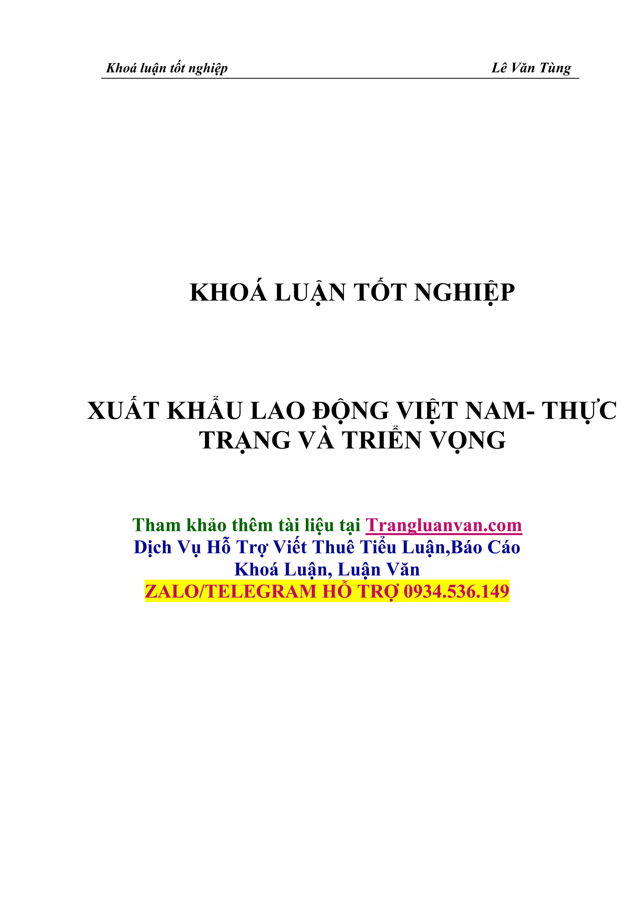 Khoá Luận Xuất Khẩu Lao Động Việt Nam- Thực Trạng Và Triển Vọng | DOC