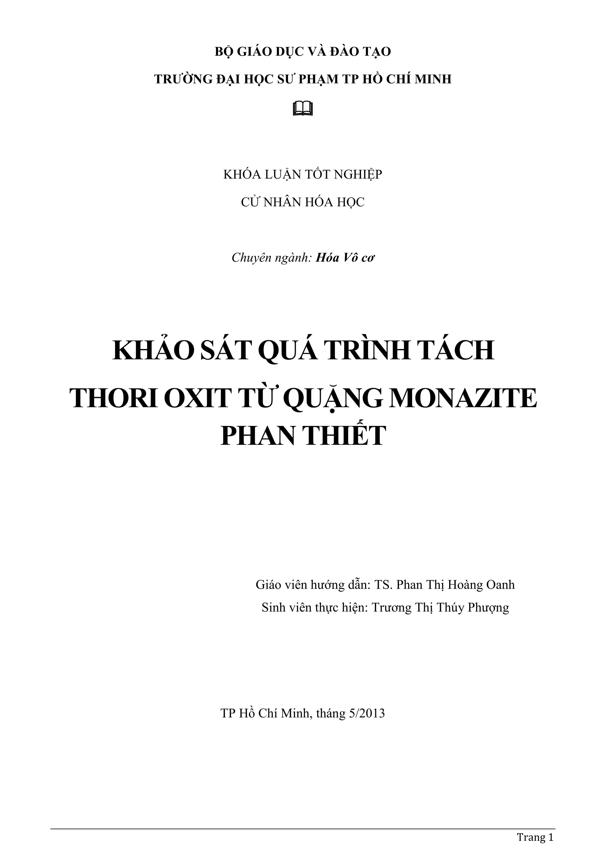 Khảo sát quá trình tách thori oxit từ quặng monazite phan thiết | PDF