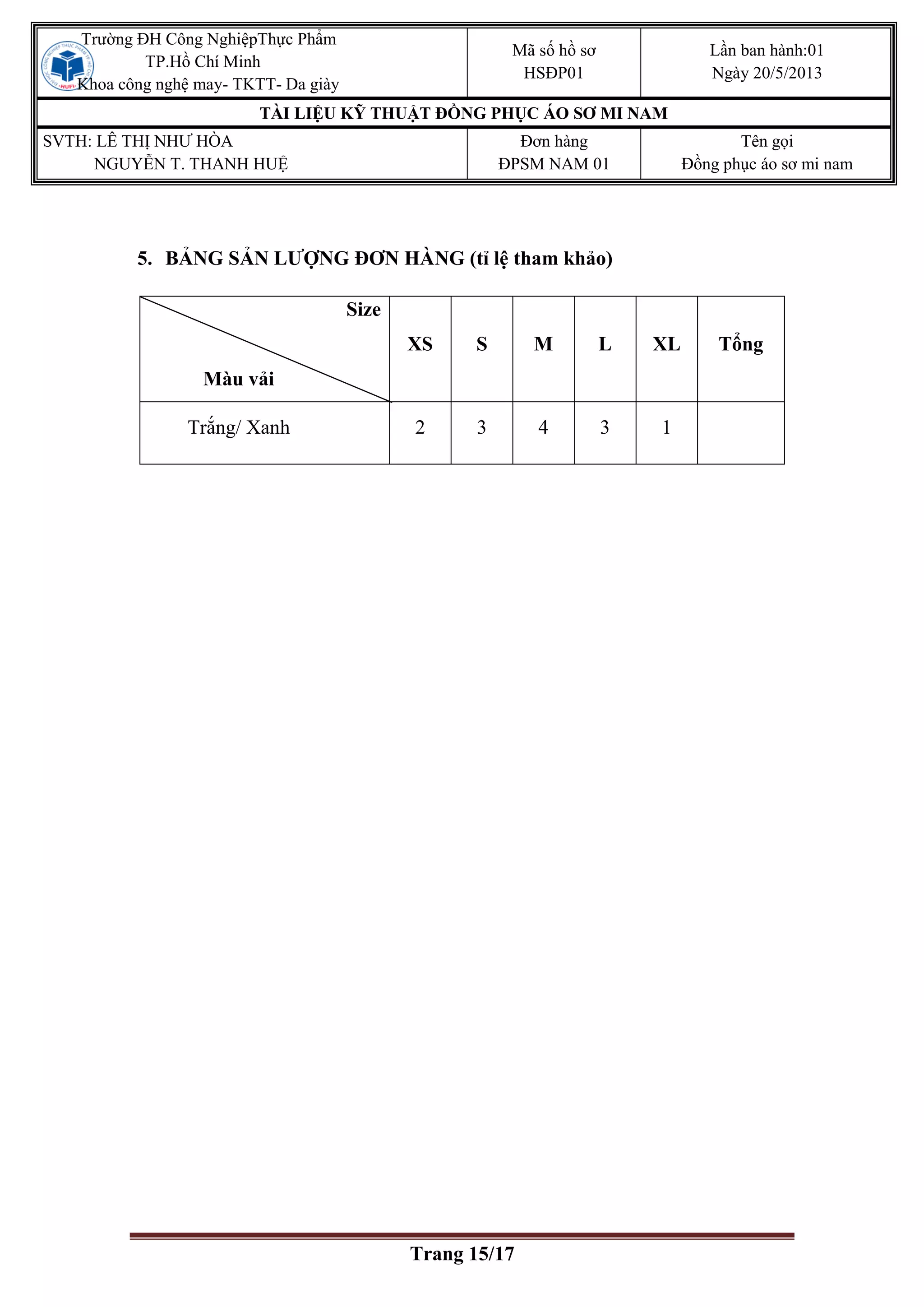 [Kho tài liệu ngành may] tài liệu kỹ thuật chuẩn bị sản xuất áo sơ mi nam đồng phục | PDF