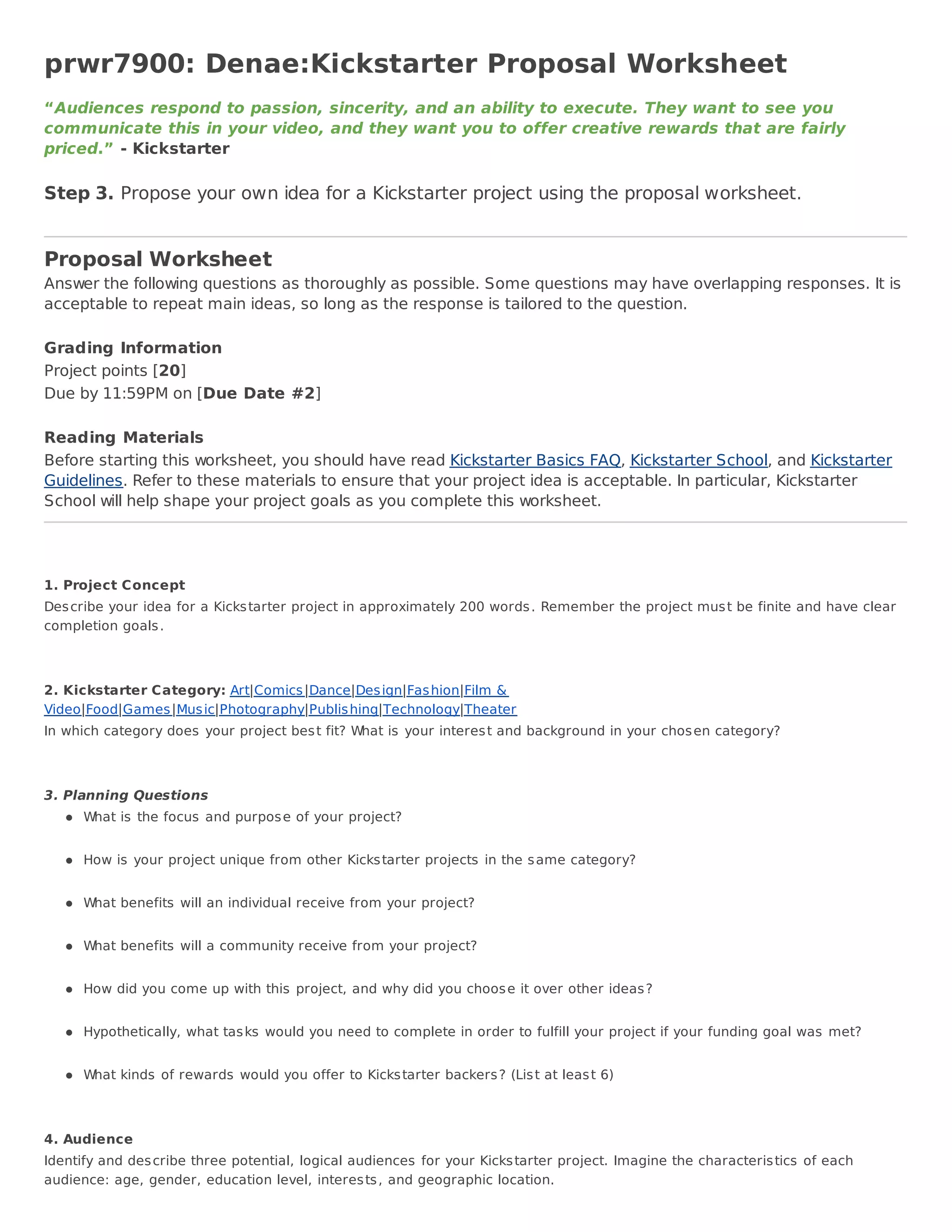 Kickstarter+proposal+worksheet | PDF