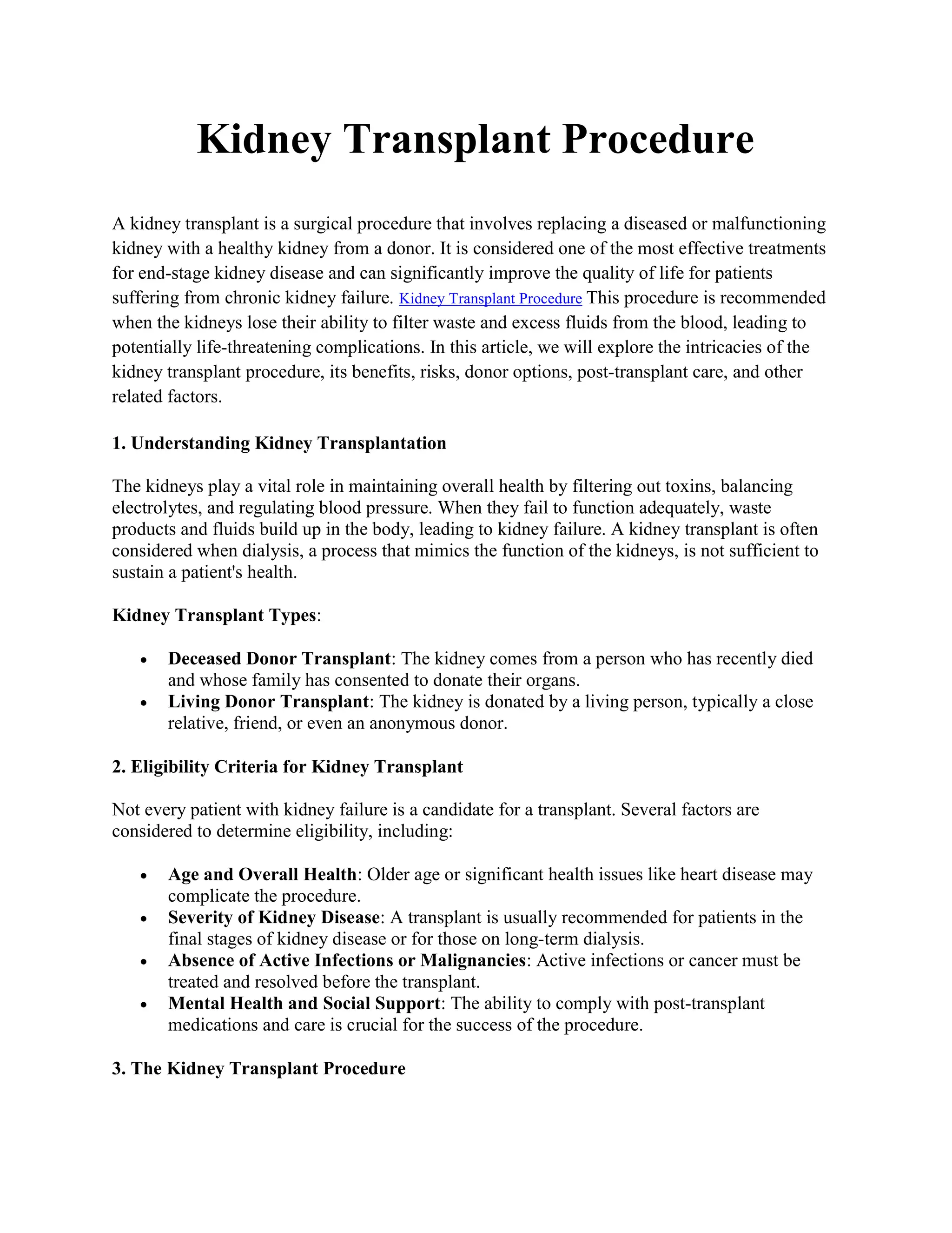 Kidney Transplant Procedure. kidney transplant | PDF