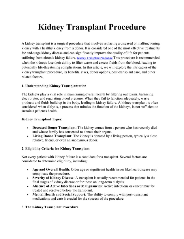 Kidney Transplant Procedure. kidney transplant | PDF