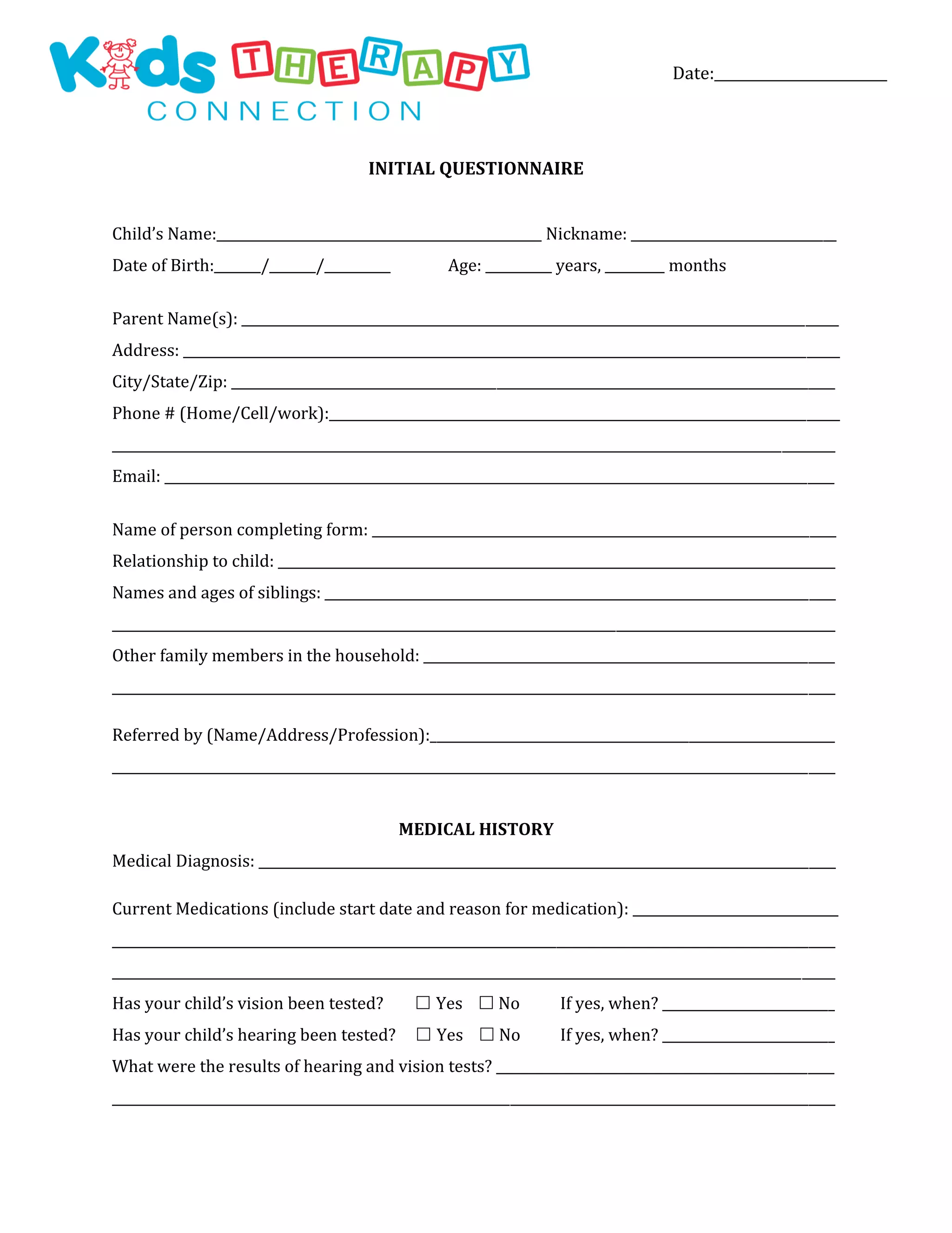 Kids Therapy Forms | Initial Questionnaire | PDF