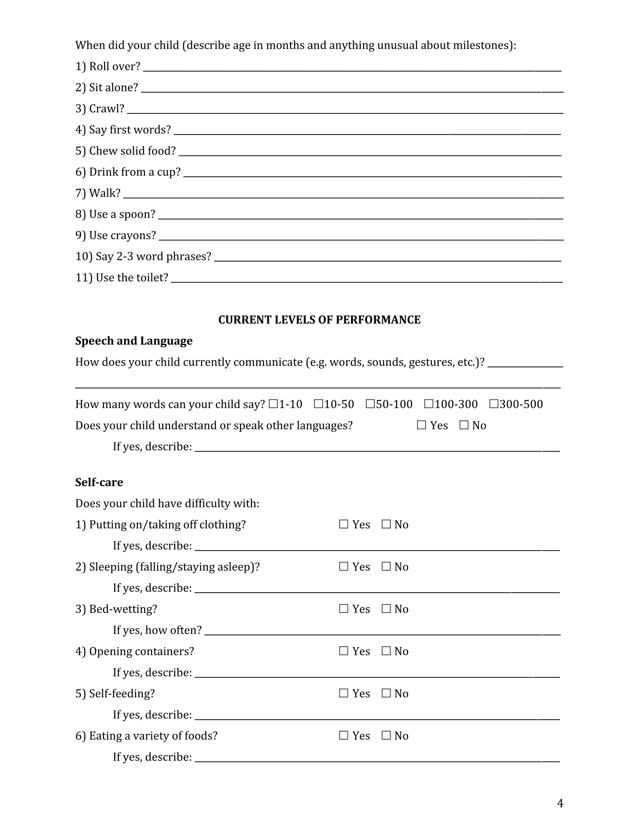 Kids Therapy Forms | Initial Questionnaire | PDF