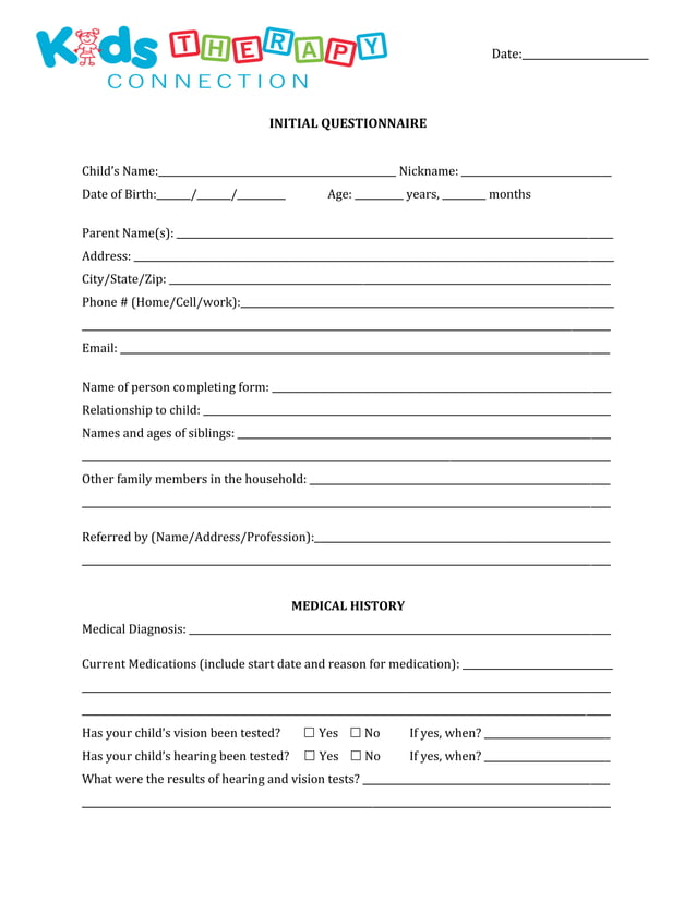 Kids Therapy Forms | Initial Questionnaire | PDF