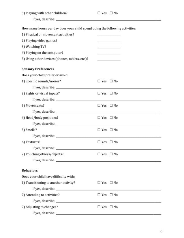 Kids Therapy Forms | Initial Questionnaire | PDF