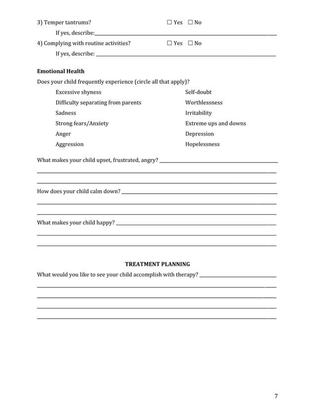 Kids Therapy Forms | Initial Questionnaire | PDF