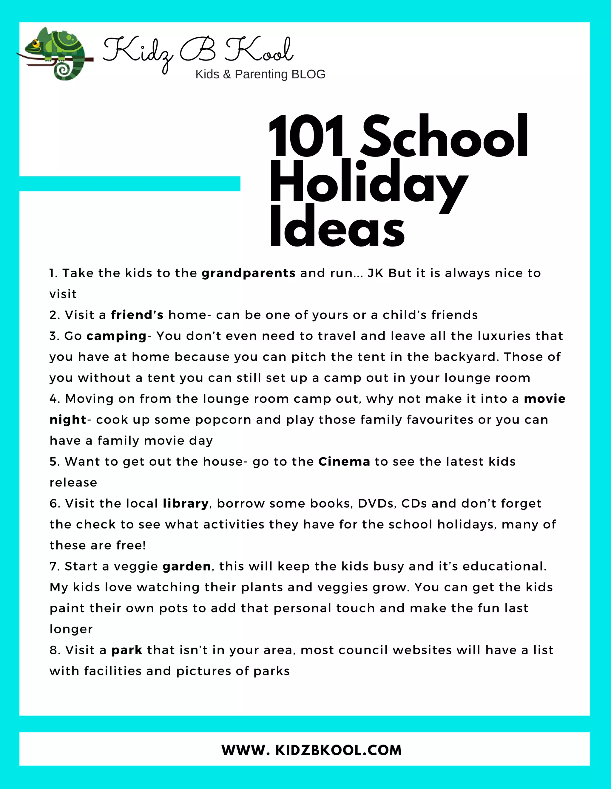 101 School Holiday Ideas by Kidz B Kool | PDF