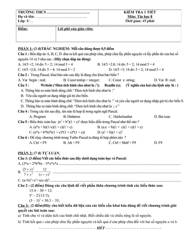 KIỂM TRA 1 TIẾT | PDF