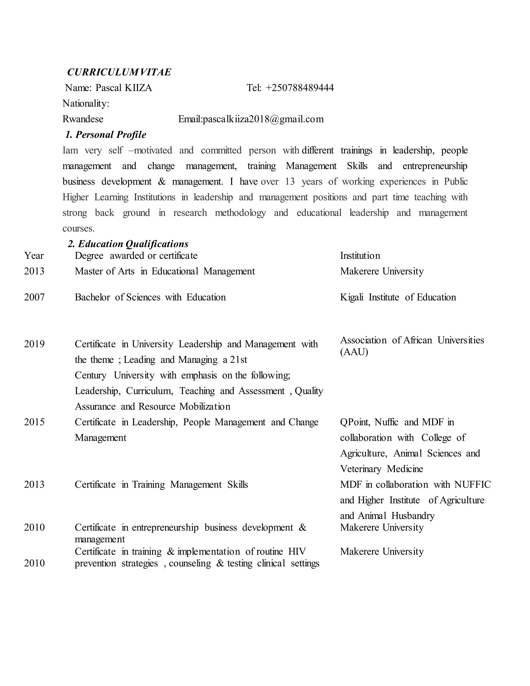 Kiiza pascal CV as of may 2020 | PDF