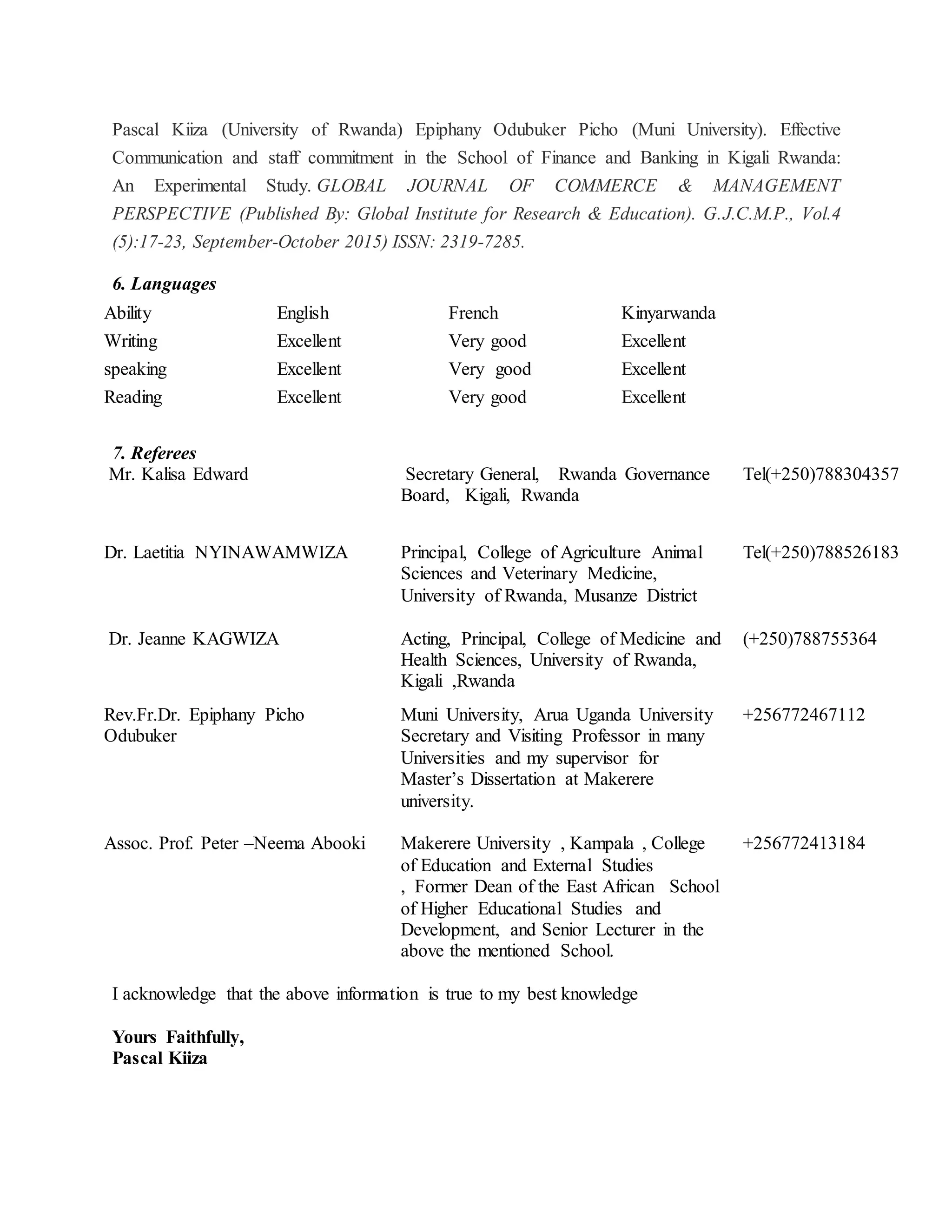 Kiiza pascal CV as of may 2020 | PDF