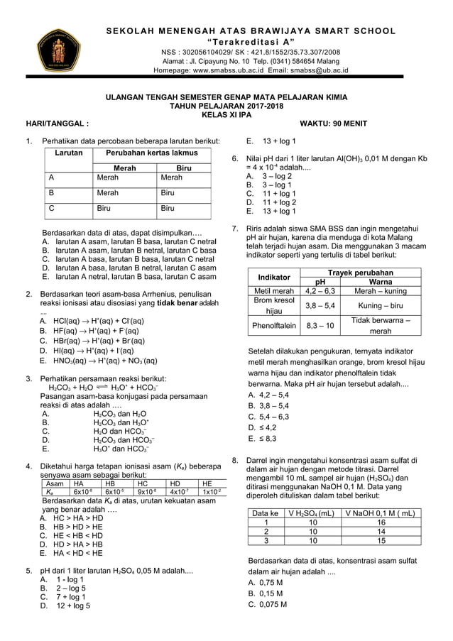 Soal Ulangan Tengah Semester Genap Kimia Kelas XI | PDF