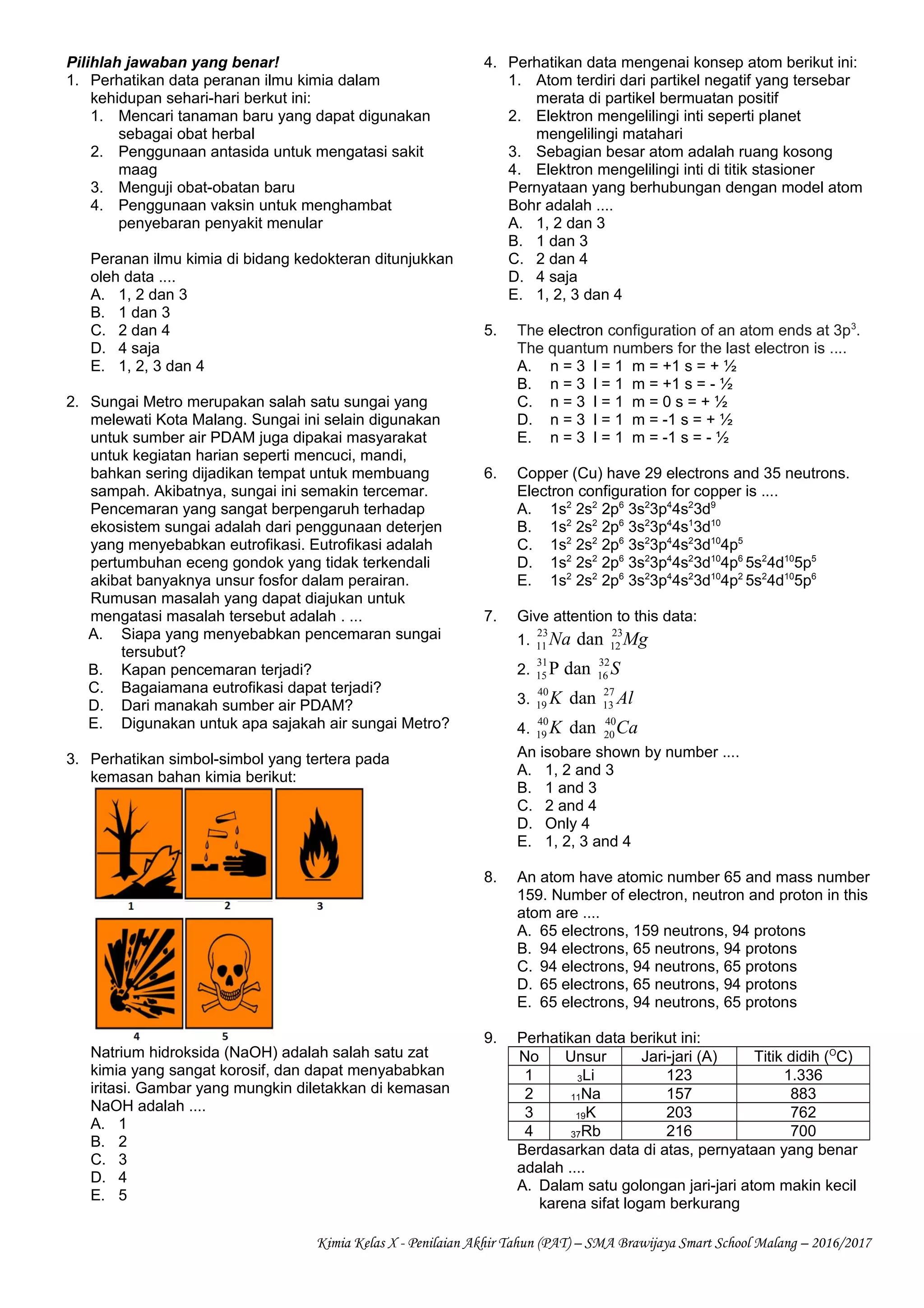 Latihan Penilaian Akhir Tahun (PAT) Kimia Kelas X | PDF
