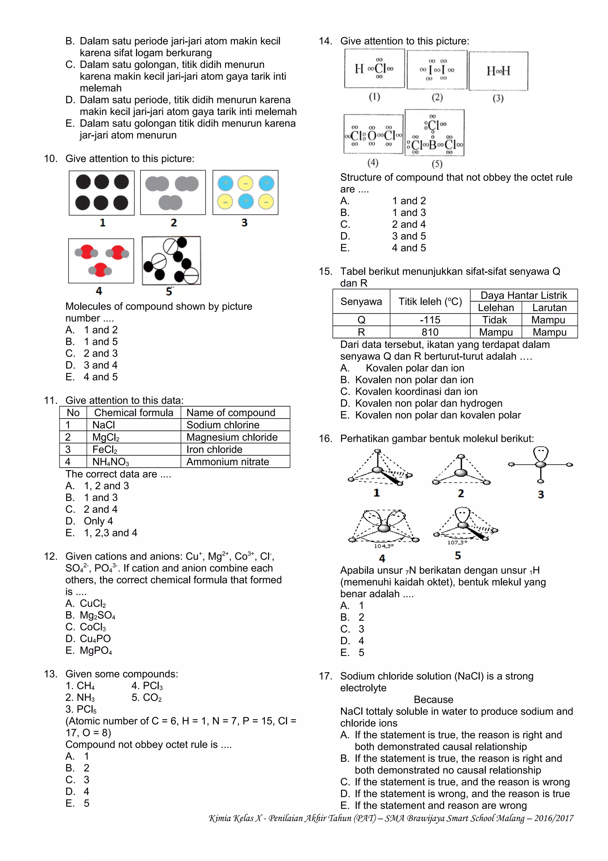 Latihan Penilaian Akhir Tahun (PAT) Kimia Kelas X | PDF