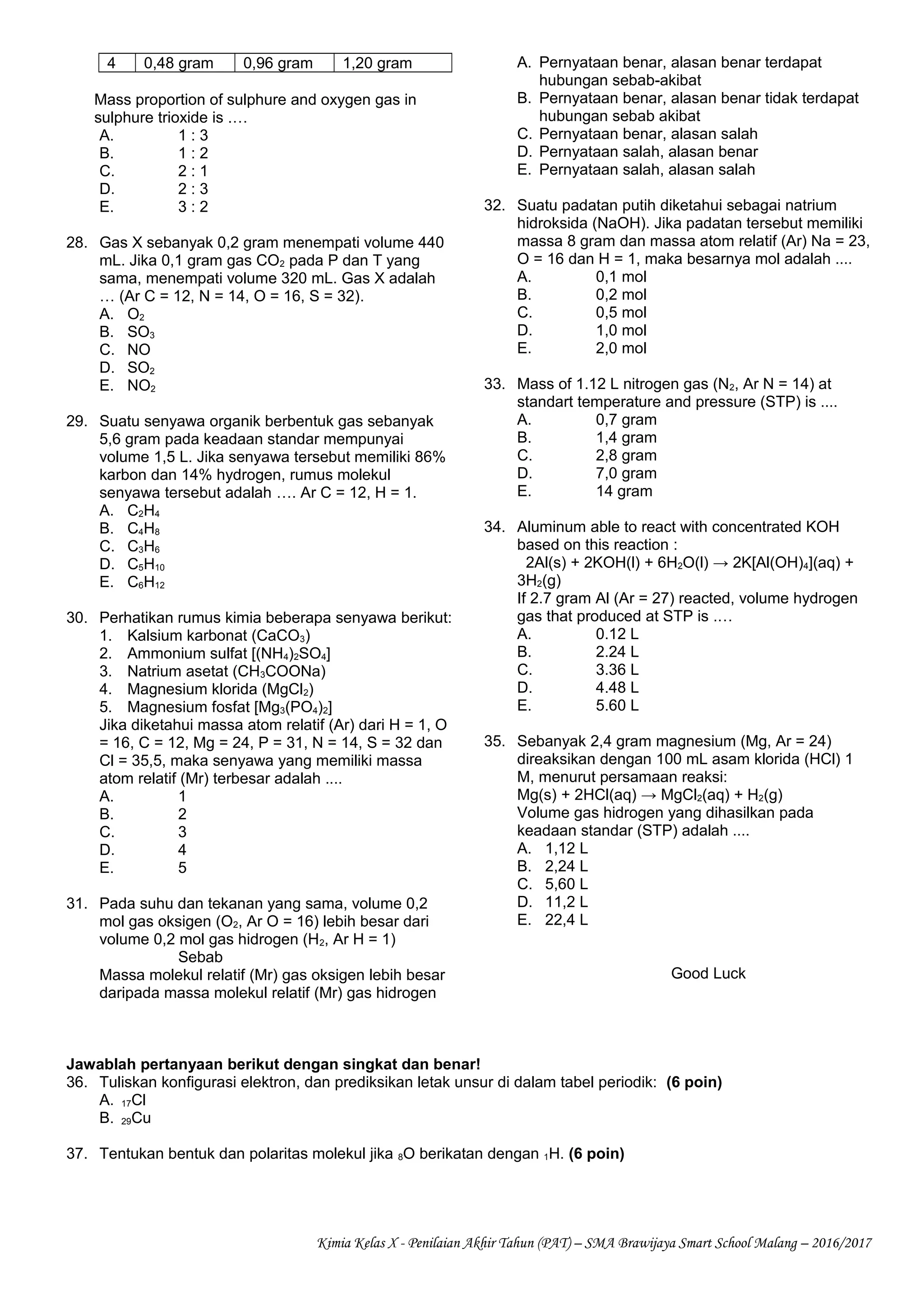 Latihan Penilaian Akhir Tahun (PAT) Kimia Kelas X | PDF