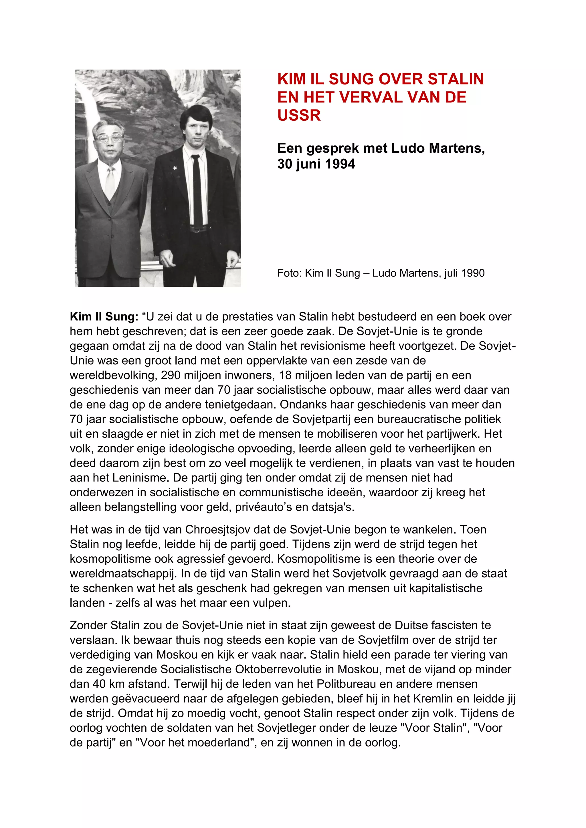 Kim Il Sung over Stalin in een gespsrek met Ludo Martens 1994 | PDF