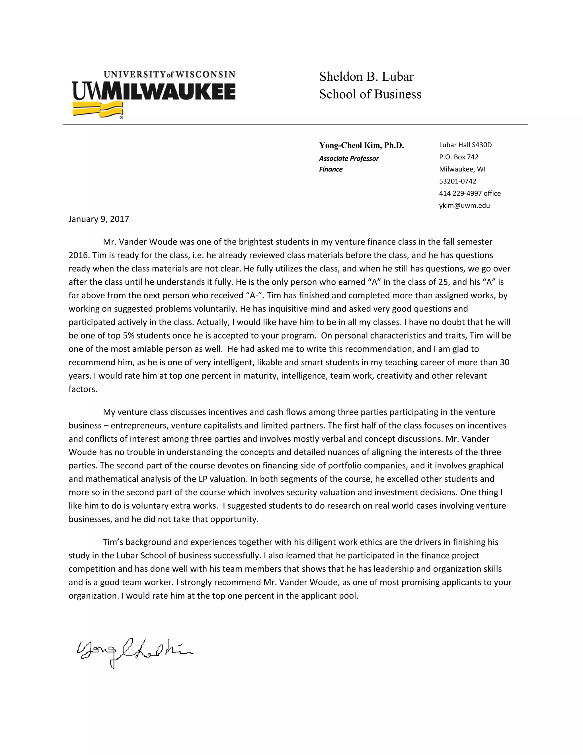 UWM Venture Finance Professor Kim letter of recommendation for Tim ...