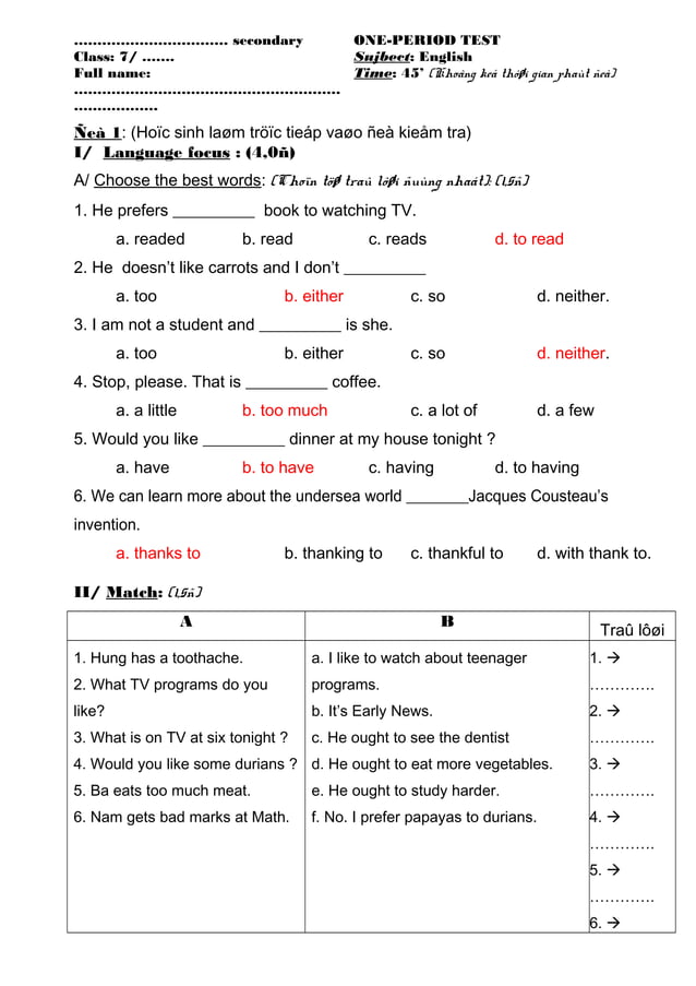 Kiểm tra 1 tiết hki tiếng anh lớp 7 | PDF