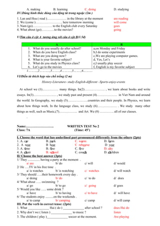 Kiểm tra 1 tiết hki tiếng anh lớp 7 | DOC