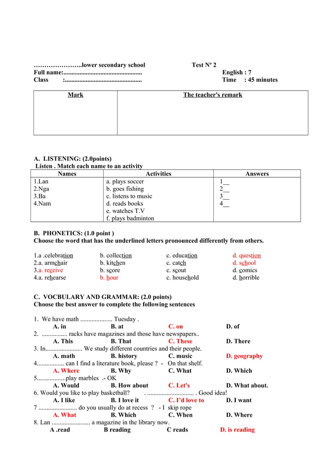 Kiểm tra 1 tiết hki tiếng anh lớp 7 | DOC