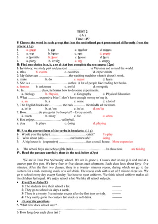 Kiểm tra 1 tiết hki tiếng anh lớp 7 | DOC