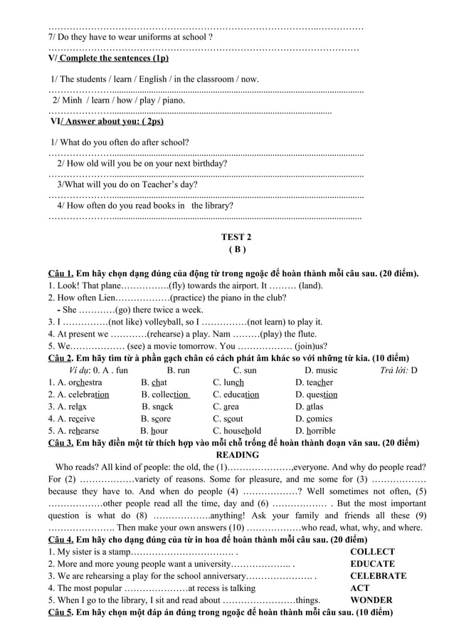 Kiểm tra 1 tiết hki tiếng anh lớp 7 | DOC