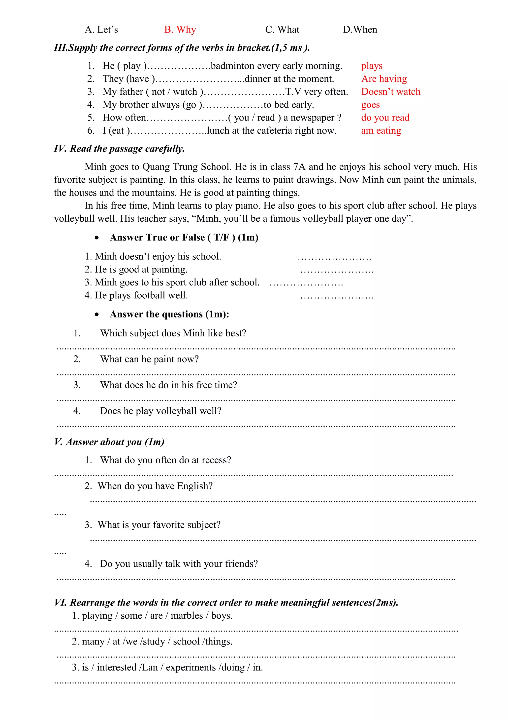 Kiểm tra 1 tiết hki tiếng anh lớp 7 | PDF