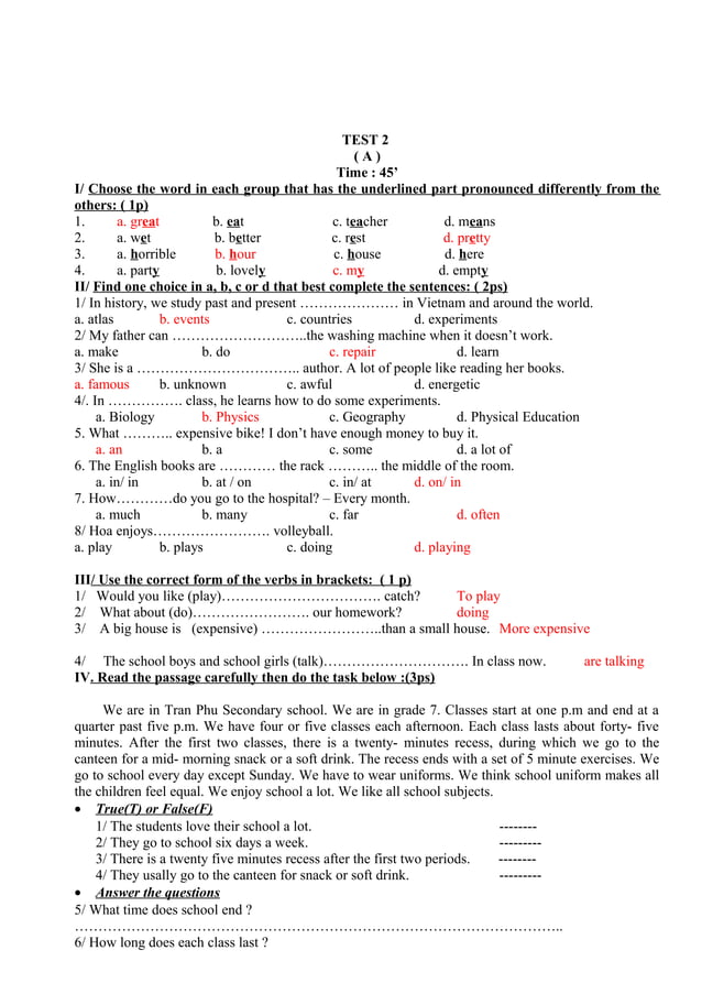 Kiểm tra 1 tiết hki tiếng anh lớp 7 | PDF