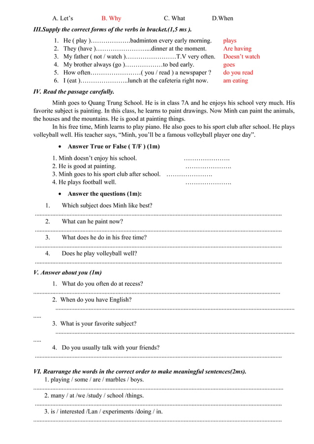 Kiểm tra 1 tiết hki tiếng anh lớp 7 | PDF