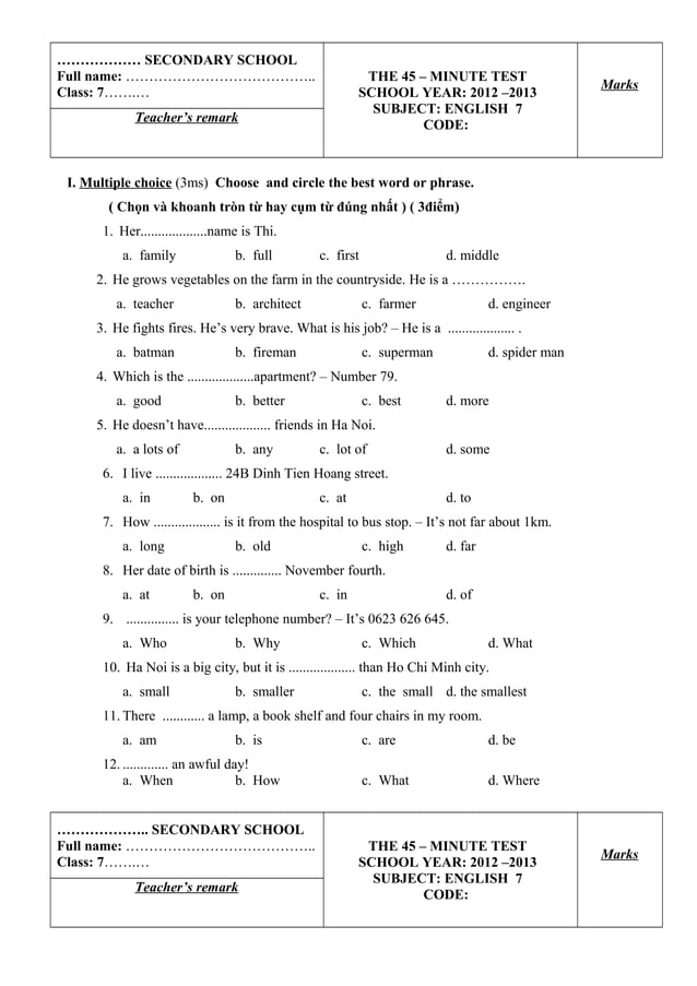 Kiểm tra 1 tiết lần 1 hki tiếng anh l ớp 7 | DOC