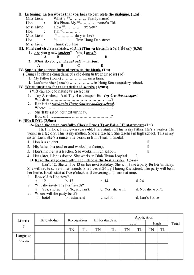 Kiểm tra 1 tiết lần 1 hki tiếng anh l ớp 7 | DOC