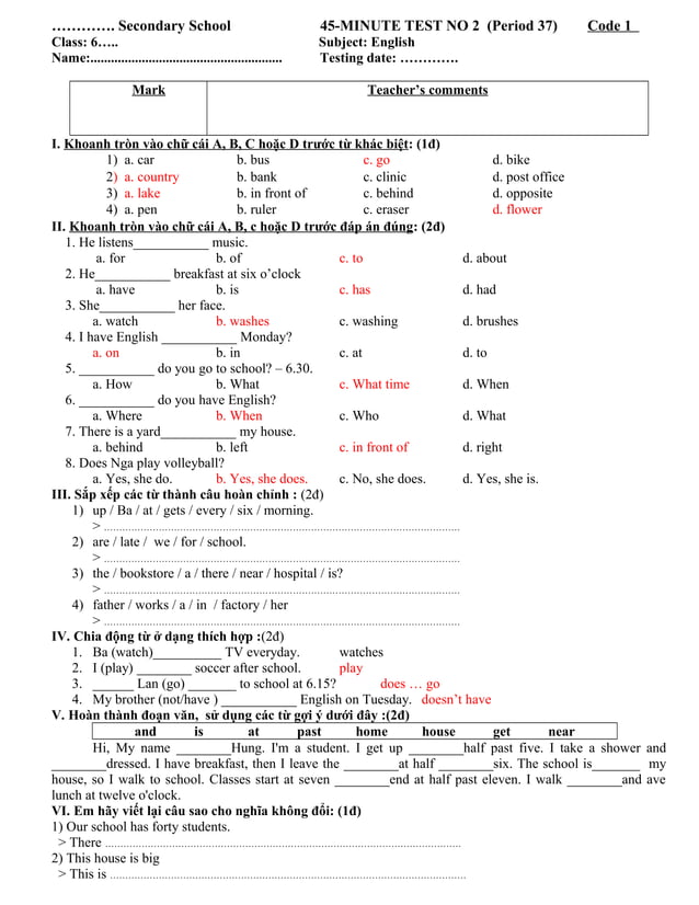 Kiểm tra 1 tiết lần 2 hki tiếng anh lớp 6 | DOC